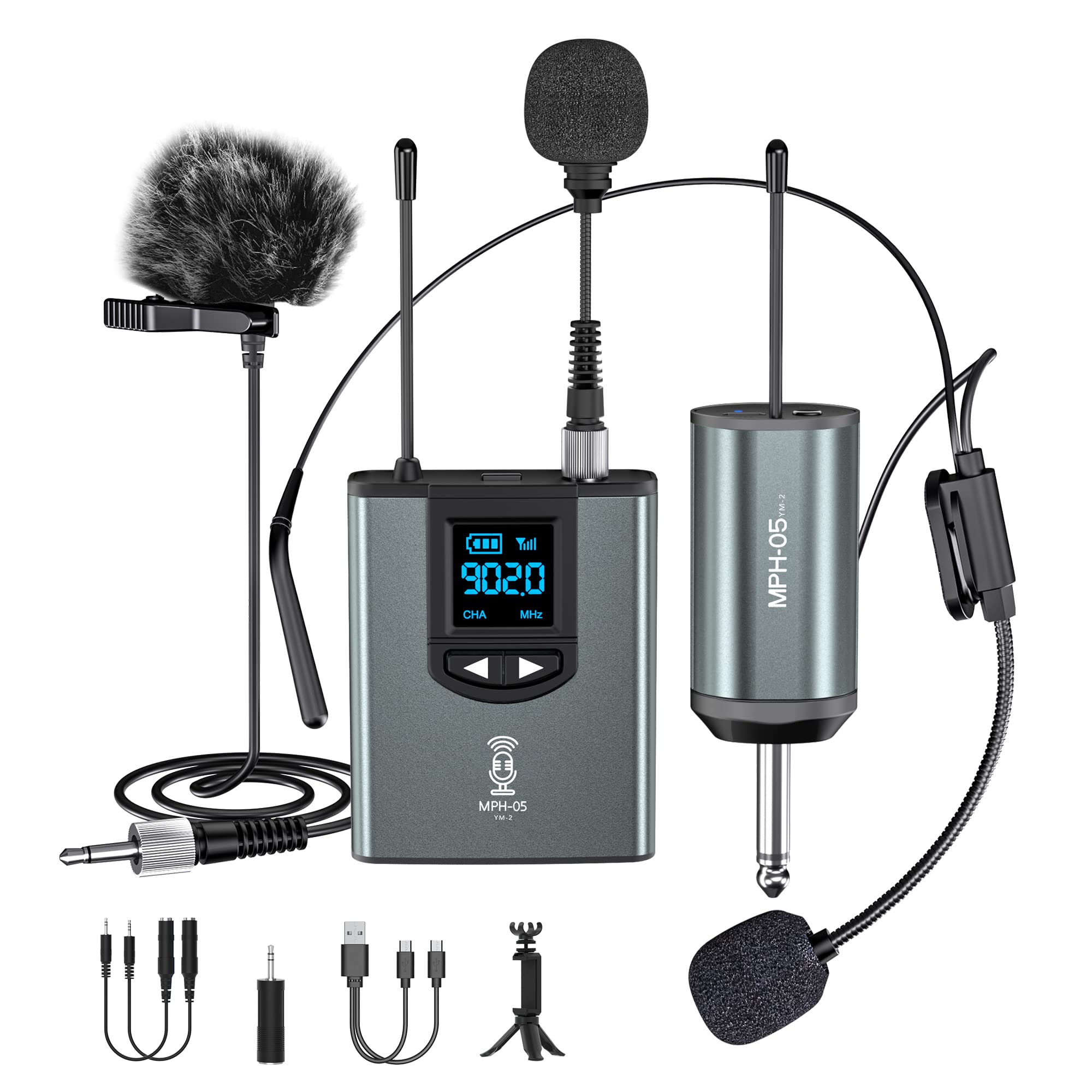 ttstar Wireless Microphone System Headset/Stand/Lavalier Mic with Rechargeable Bodypack Transmitter Receiver for PA Speaker, Camera, Recording, Teaching, Church