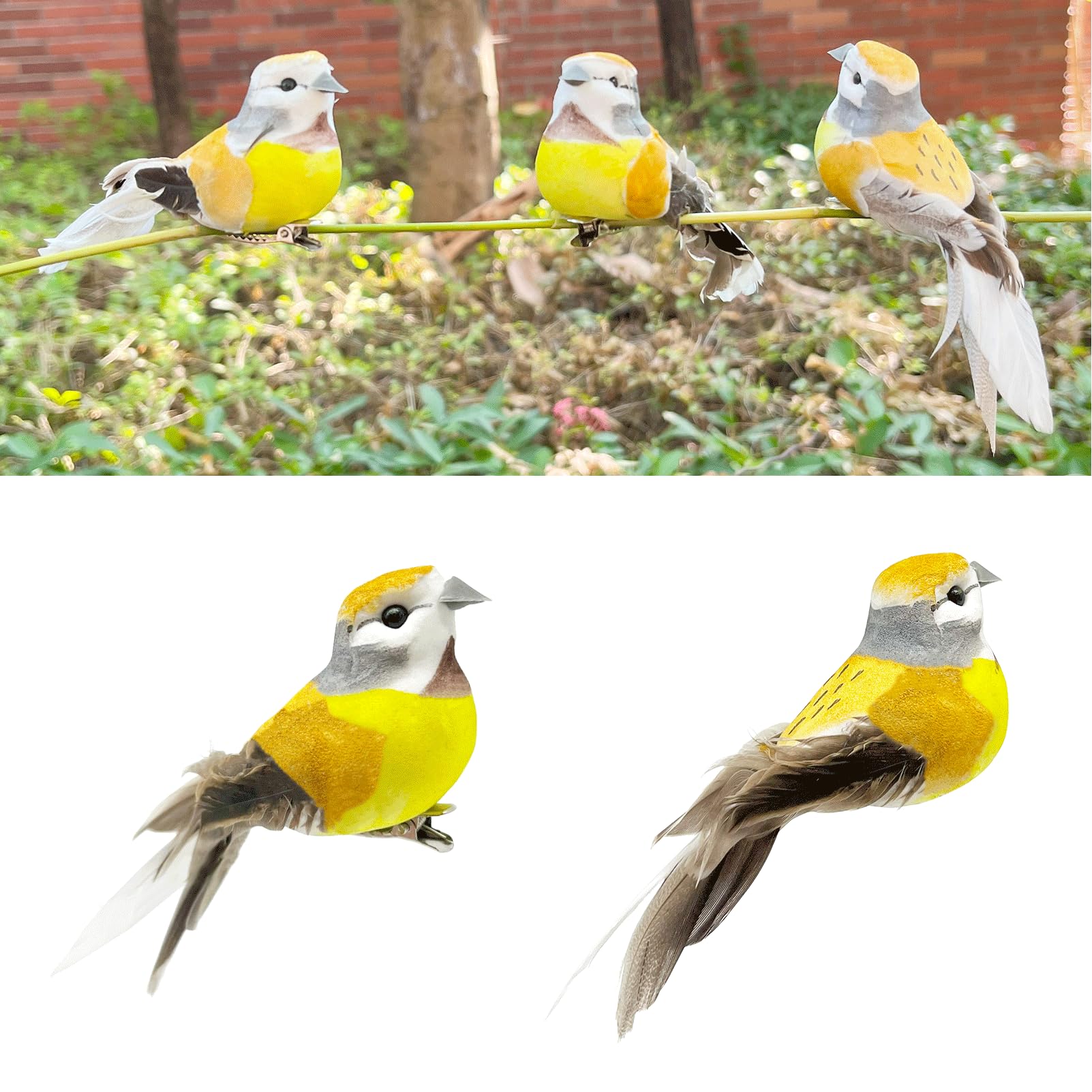 LWINGFLYER 12pcs 3.9" Artificial Simulation Feather Birds Realistic Yellow Sparrow Foam Bird for Craft Wreath Decoration Christmas Tree Ornaments (Clip)