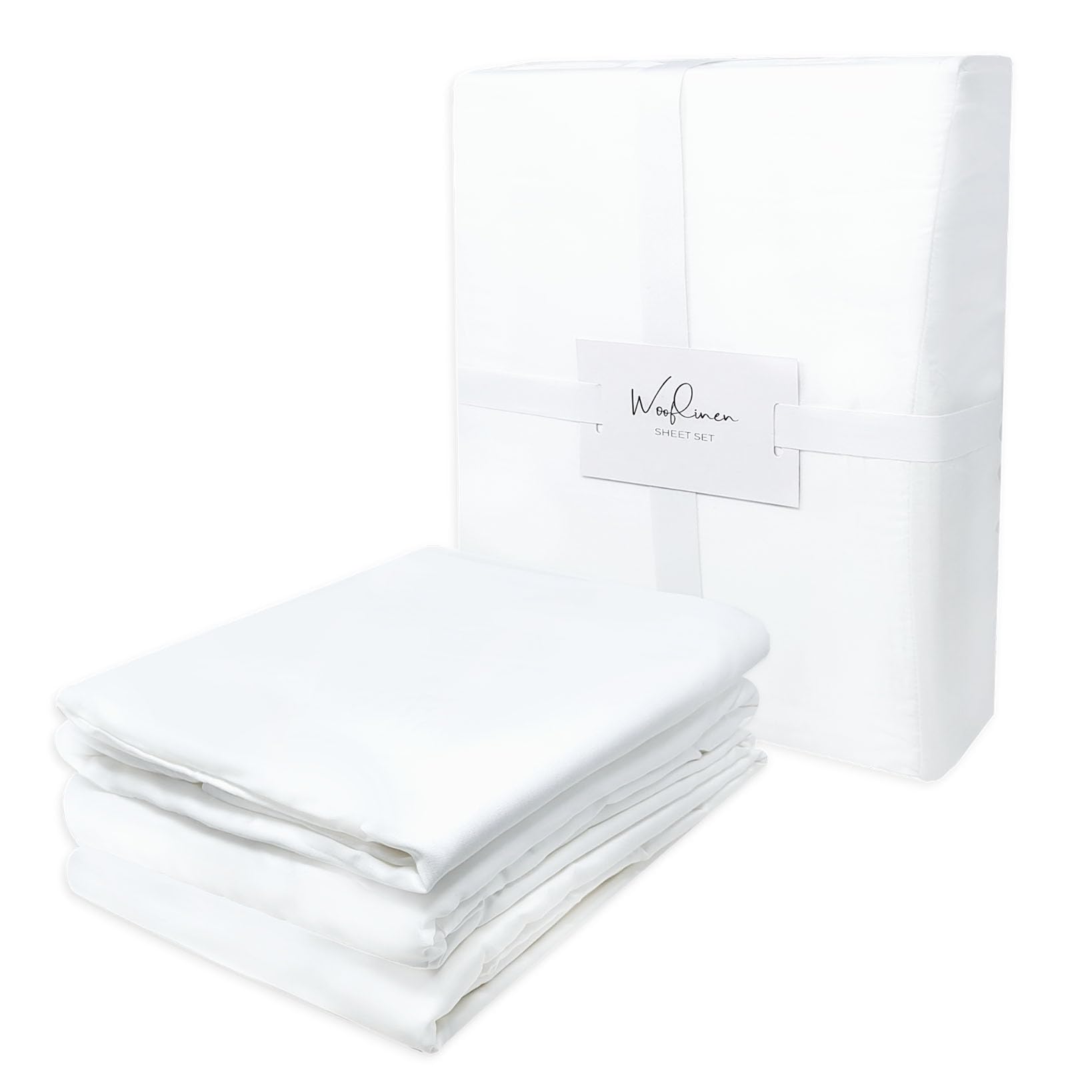 Wooflinen Premium 100% Viscose Derived from Bamboo 4pc Sheet Set - Full - Deep Pocket Fitted up to 16 Inch - Breathtakingly Soft and Cool Sheets in Matte White