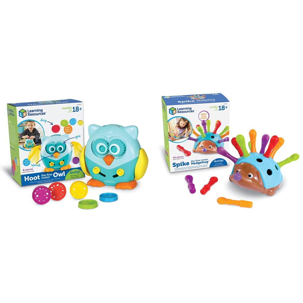 Learning Resources Fine Motor Friends Bundle, Spike The Fine Motor Hedgehog & Hoot The Fine Motor Owl, 2 Pack, Ages 18 mos+