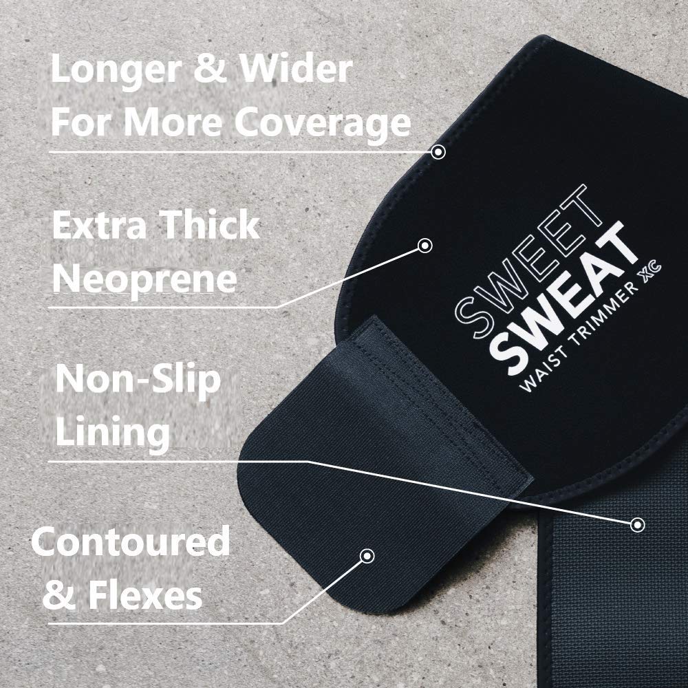 Sweet Sweat Waist Trimmer 'Xtra-Coverage' Belt | Premium Waist Trainer with more Torso Coverage for a Better Sweat! (Small) Black