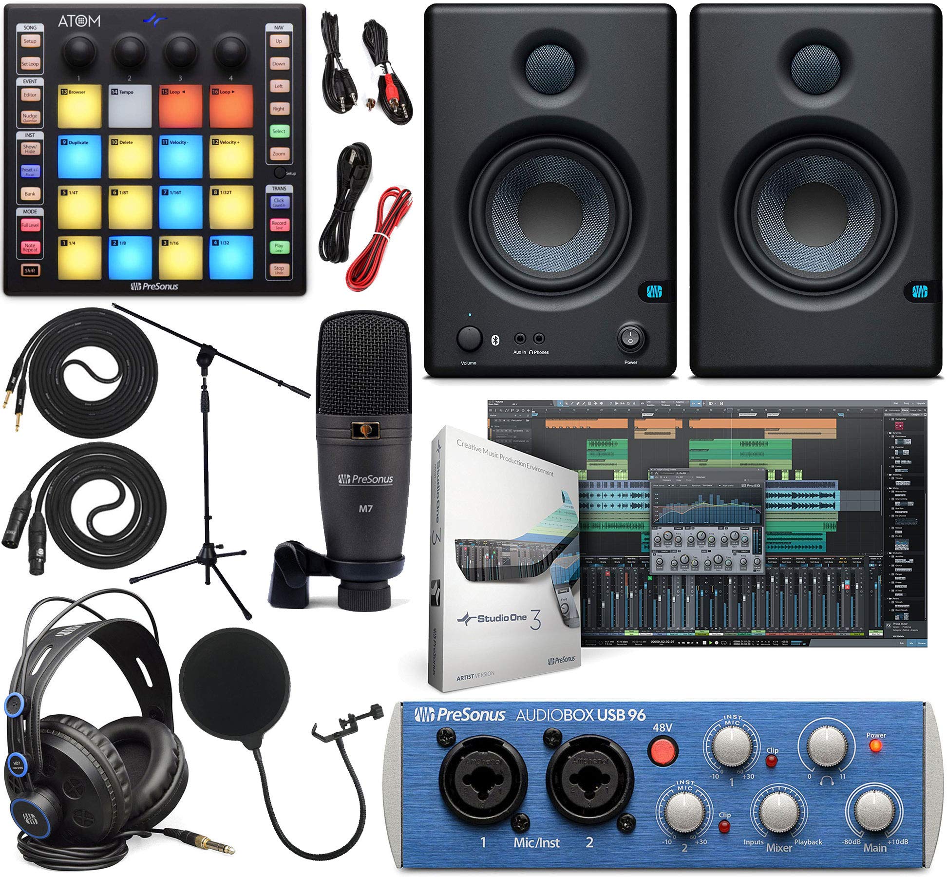 PreSonus AudioBox 96 Audio Interface (May Vary Blue or Black) Full Studio Bundle with Studio One Artist Software Pack, ATOM MIDI/Production Pad Controller, Eris 4.5 BT Pair 2-Way Bluetooth Monitors