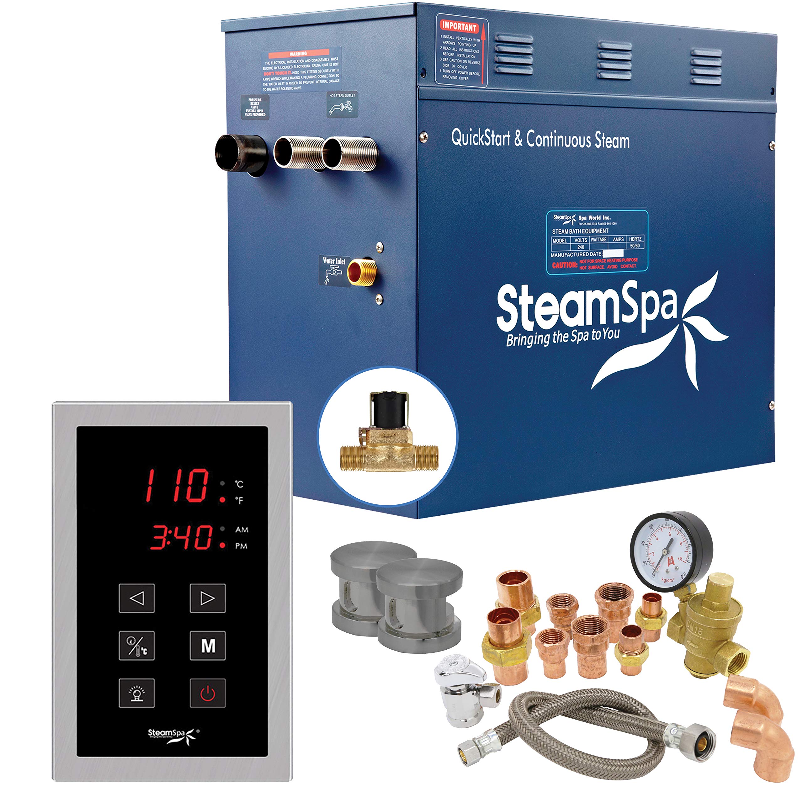 SteamSpa 12kW Steam Sauna Generator Premium Bundle 240V Steam Generator with Touch Pad Control, Steamheads, Pressure Relief Valve, Built-in Auto Drain and Plumber Quick Install Kit PRT1200BN-A