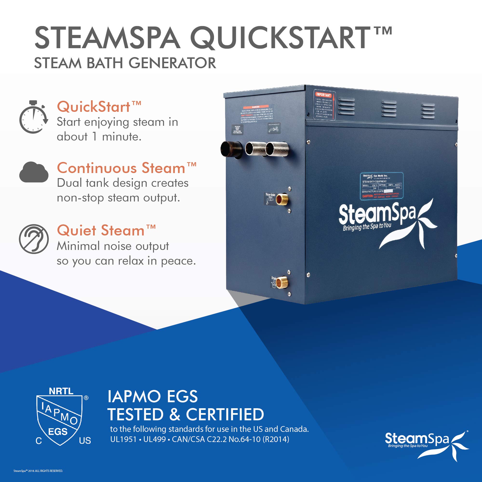 SteamSpa 12kW Steam Sauna Generator Premium Bundle 240V Steam Generator with Touch Pad Control, Steamheads, Pressure Relief Valve, Built-in Auto Drain and Plumber Quick Install Kit PRT1200BN-A