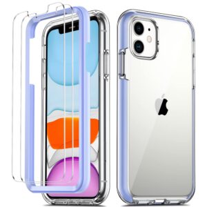 coolqo compatible with iphone 11 case, and [2 x tempered glass screen protector] for clear 360 full body coverage hard pc+soft silicone tpu 3in1 heavy duty shockproof phone protective cover purple