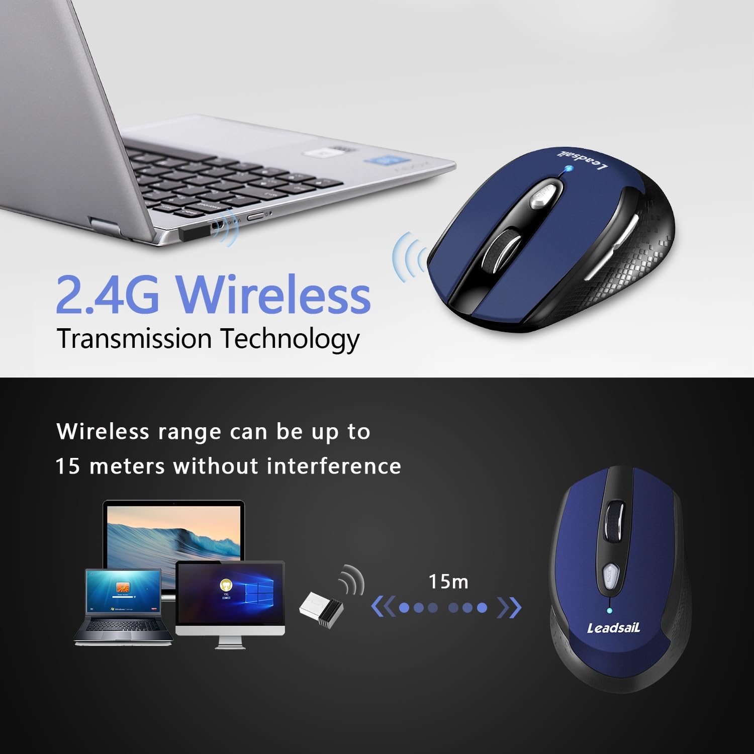 LeadsaiL Wireless Computer Mouse, 2.4G Portable Slim Cordless Mouse Less Noise for Laptop Optical Mouse with 6 Buttons, USB Mouse for Laptop, Deskbtop, MacBook