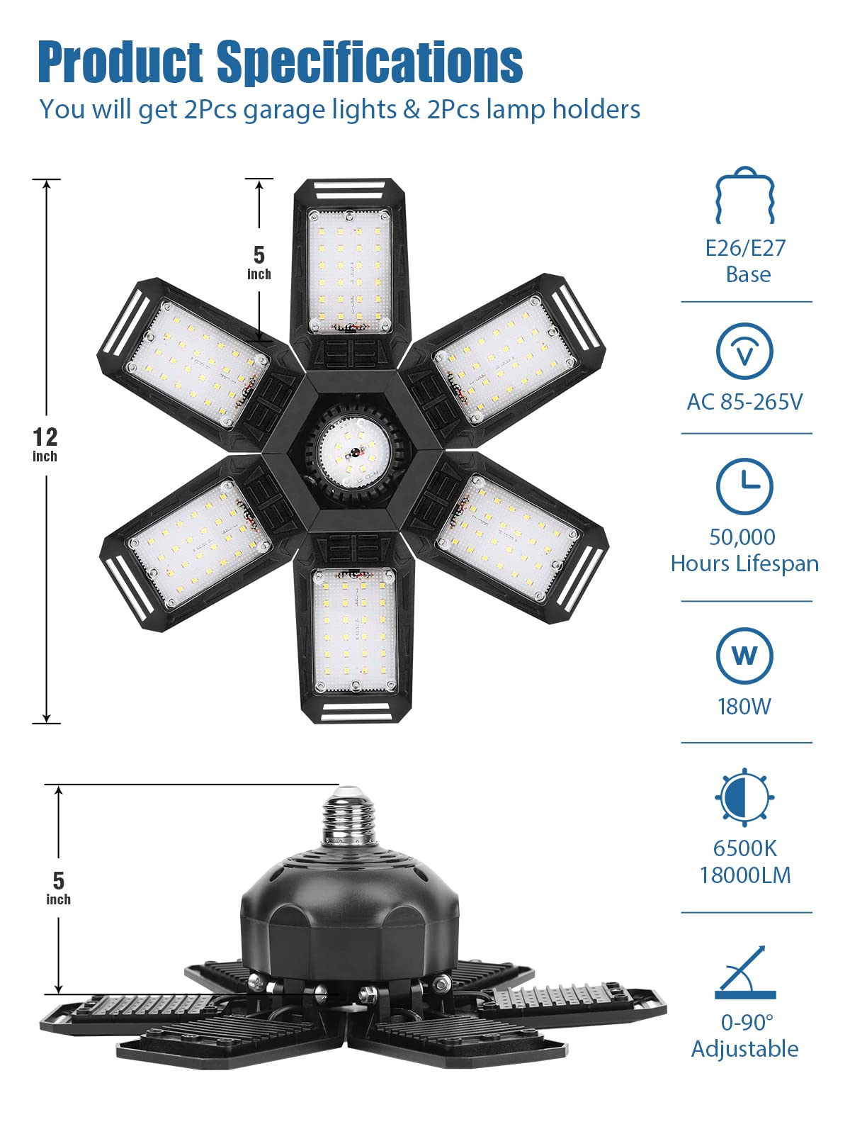 Led Garage Lights 2 Packs, 180W 18000Lm Deformable Triple Glow Garage Lighting with 6 Adjustable Led Panels, E26 Ceiling Light, Led Shop Lights for Garage, Warehouse, Basement Workshop, Yard