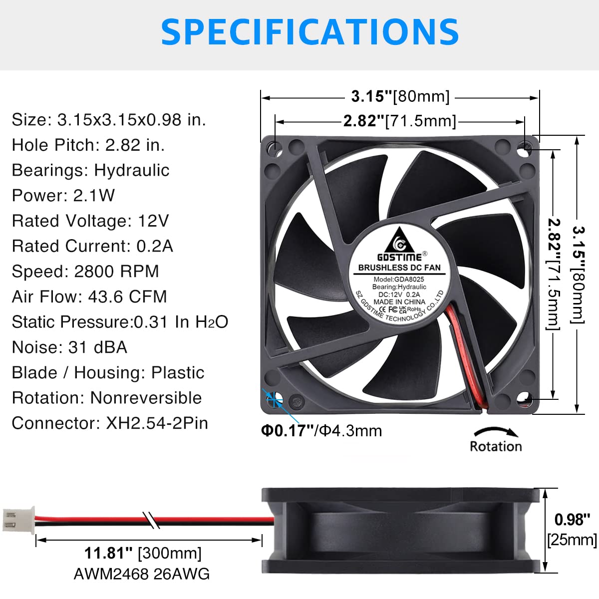 GDSTIME 2 Pack 80mm x 80mm x 25mm 12V DC Brushless Cooling Fan