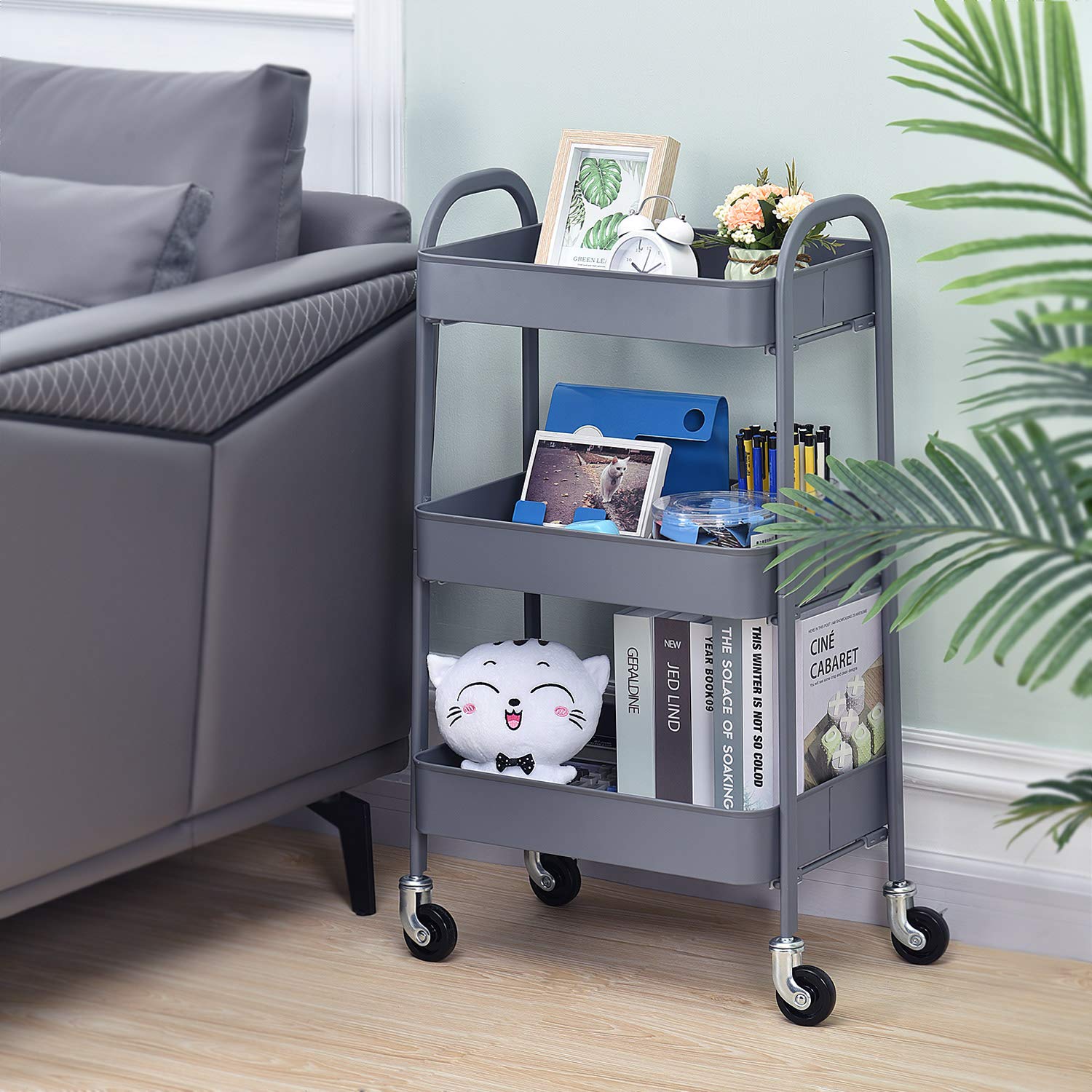 TOOLF 3 Tier Rolling Cart, Metal Utility Cart No Screw, Easy Assemble Utility Serving Cart, Sturdy Storage Trolley with Handles & Lockable Wheels for Kitchen Garage Home Bedroom Bathroom, Grey