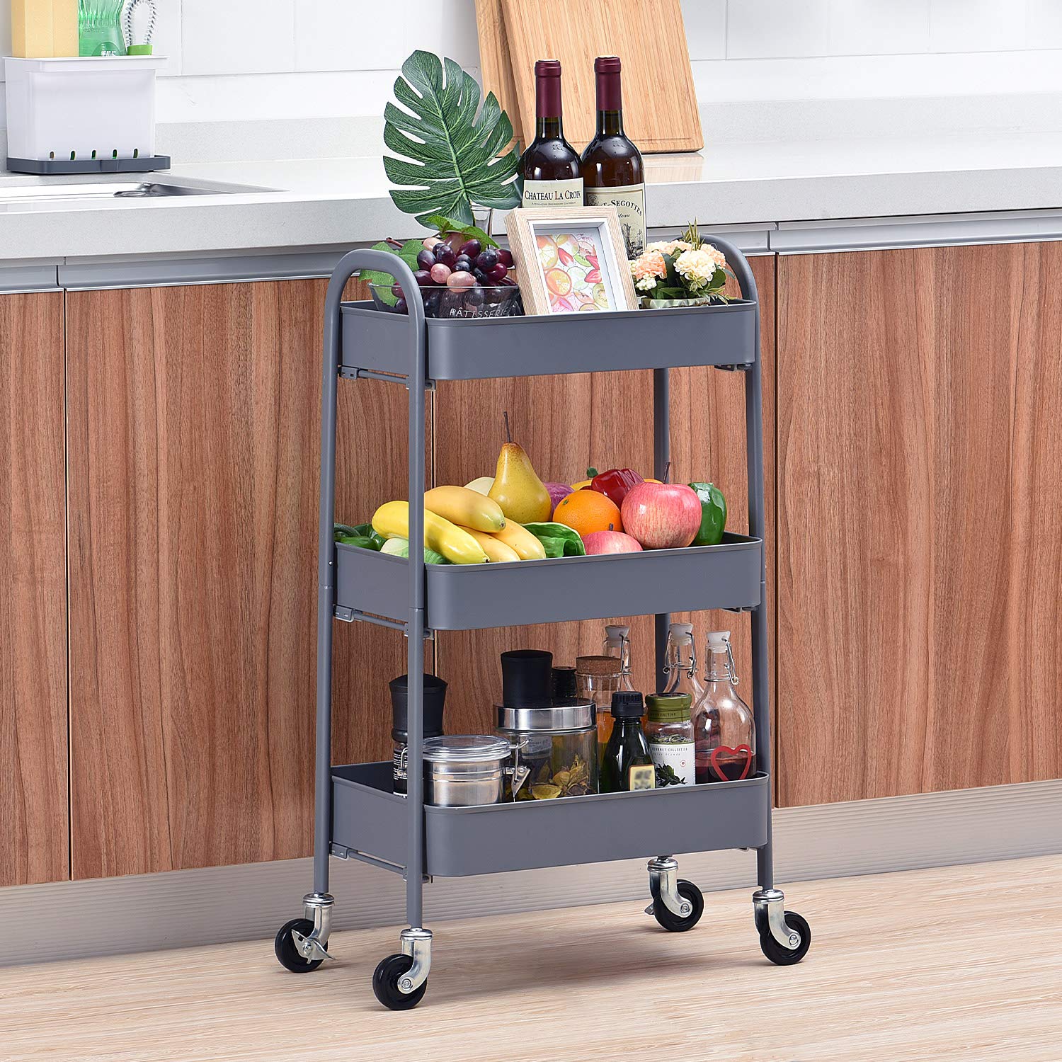 TOOLF 3 Tier Rolling Cart, Metal Utility Cart No Screw, Easy Assemble Utility Serving Cart, Sturdy Storage Trolley with Handles & Lockable Wheels for Kitchen Garage Home Bedroom Bathroom, Grey