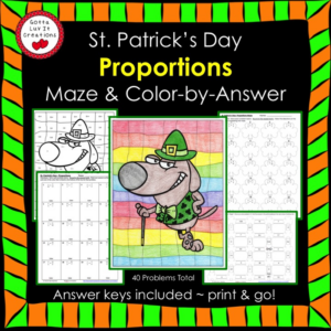 st. patrick's day math solving proportions maze and color by number activity bundle