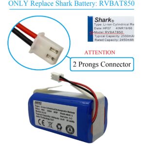 Replacement Shark RVBAT850 Battery for Shark Ion R75, R85, RV850, S87, AV752, AV751, RV761, RV851WV, RV871, RV1000S Robot Vacuum cleaners, 2600mAh, 14.4v/14.8v (Attention: 2-Prong connector)