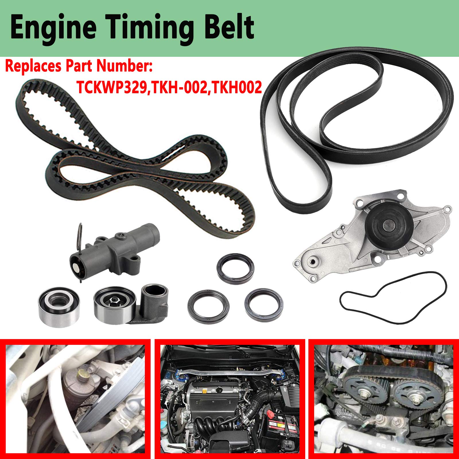 TKH-002 Engine Timing Belt Kit with Water Pump,Compatible with 2003-2013 Acura MDX TL RL ZDX TSX RDX Honda Accord Odyssey Pilot Ridgeline Saturn Vue 3.0L 3.5L 3.7L SOHC V6 Replace TCKWP329 TKH002