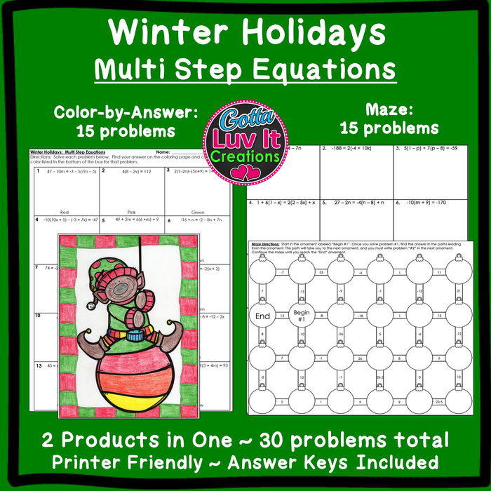 Christmas Math Winter Math Solving Equations Multi Step Equations Bundle