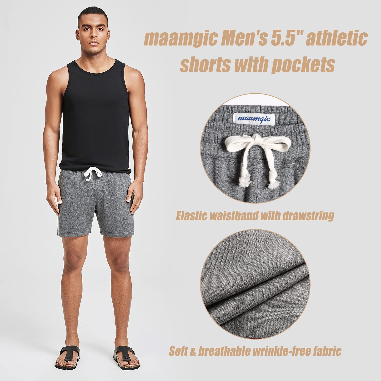 maamgic Mens Athletic Gym Shorts 5.5" Elastic Waist Casual Pajama Pocket Jogger Men Workout Short Pants Light Grey Shorts Medium