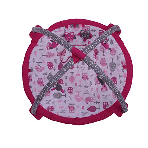 Bacati Owls Girls Cotton Activity Gym with Mat, Pink/Grey