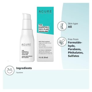 Acure The Essentials 100% Plant Squalane Oil - Hydrating, Moisturizer Ultra-Light Glow Liquid Serum for Skin & Hair - 100% Vegan - Lightweight & Unscented - Multi-Purpose Care Regimen Oil - 1 Fl Oz