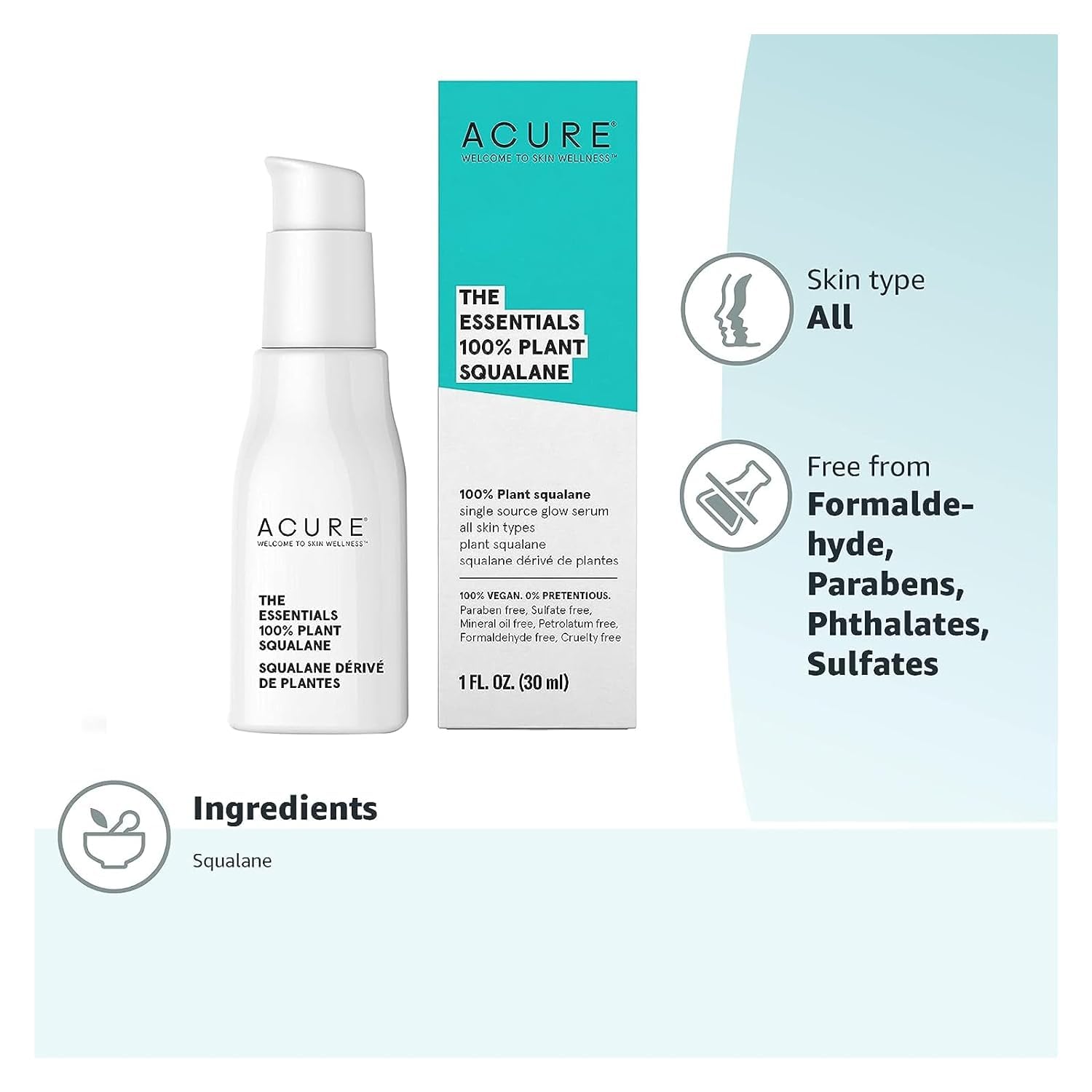 Acure The Essentials 100% Plant Squalane Oil - Hydrating, Moisturizer Ultra-Light Glow Liquid Serum for Skin & Hair - 100% Vegan - Lightweight & Unscented - Multi-Purpose Care Regimen Oil - 1 Fl Oz