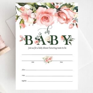 moonrise papery set of 25 pink floral baby shower invitations for girl, oh baby invitations for baby shower, fill-in style invitations with envelopes