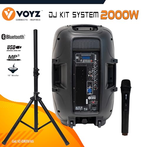 VOYZ 2000 Watt Bluetooth Portable Speaker for Parties - Two Way 15" Loudspeaker - FM Radio, USB, SD, and MP3 Player - PA with Tripod Stand and Wireless Microphone - Perfect for Karaoke (VZ-DJKIT616S)