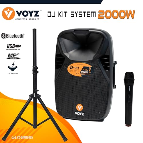 VOYZ 2000 Watt Bluetooth Portable Speaker for Parties - Two Way 15" Loudspeaker - FM Radio, USB, SD, and MP3 Player - PA with Tripod Stand and Wireless Microphone - Perfect for Karaoke (VZ-DJKIT616S)