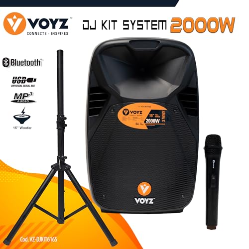 VOYZ 2000 Watt Bluetooth Portable Speaker for Parties - Two Way 15" Loudspeaker - FM Radio, USB, SD, and MP3 Player - PA with Tripod Stand and Wireless Microphone - Perfect for Karaoke (VZ-DJKIT616S)