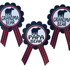 Lumberjack Party Baby Shower Sash & Pins Made In USA Woodland Mama Bear Mommy Daddy to Be Grandma Badges Button Buffalo Plaid