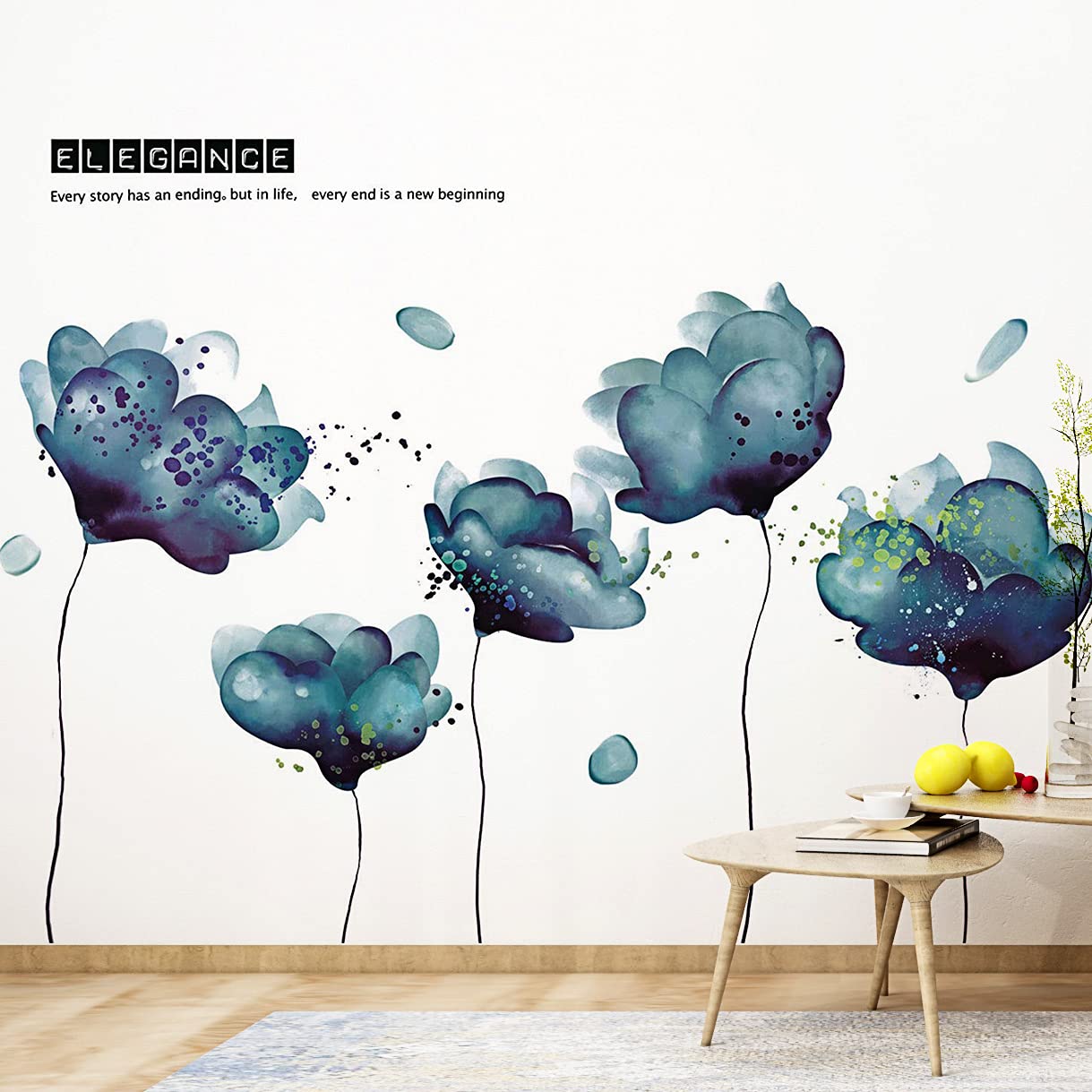 RW-2003 Removeable 3D Blue Dream Flower Wall Stickers DIY Home Wall Decoration Art Decor Wall Decal Peel and Stick Murals for Girls Kids Babys Bedroom Living Room Offices Nursery Bathroom Playroom