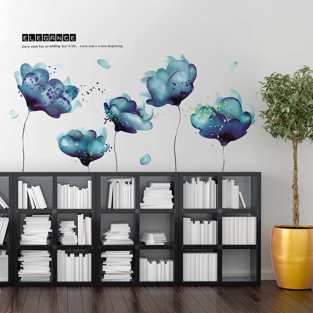 RW-2003 Removeable 3D Blue Dream Flower Wall Stickers DIY Home Wall Decoration Art Decor Wall Decal Peel and Stick Murals for Girls Kids Babys Bedroom Living Room Offices Nursery Bathroom Playroom