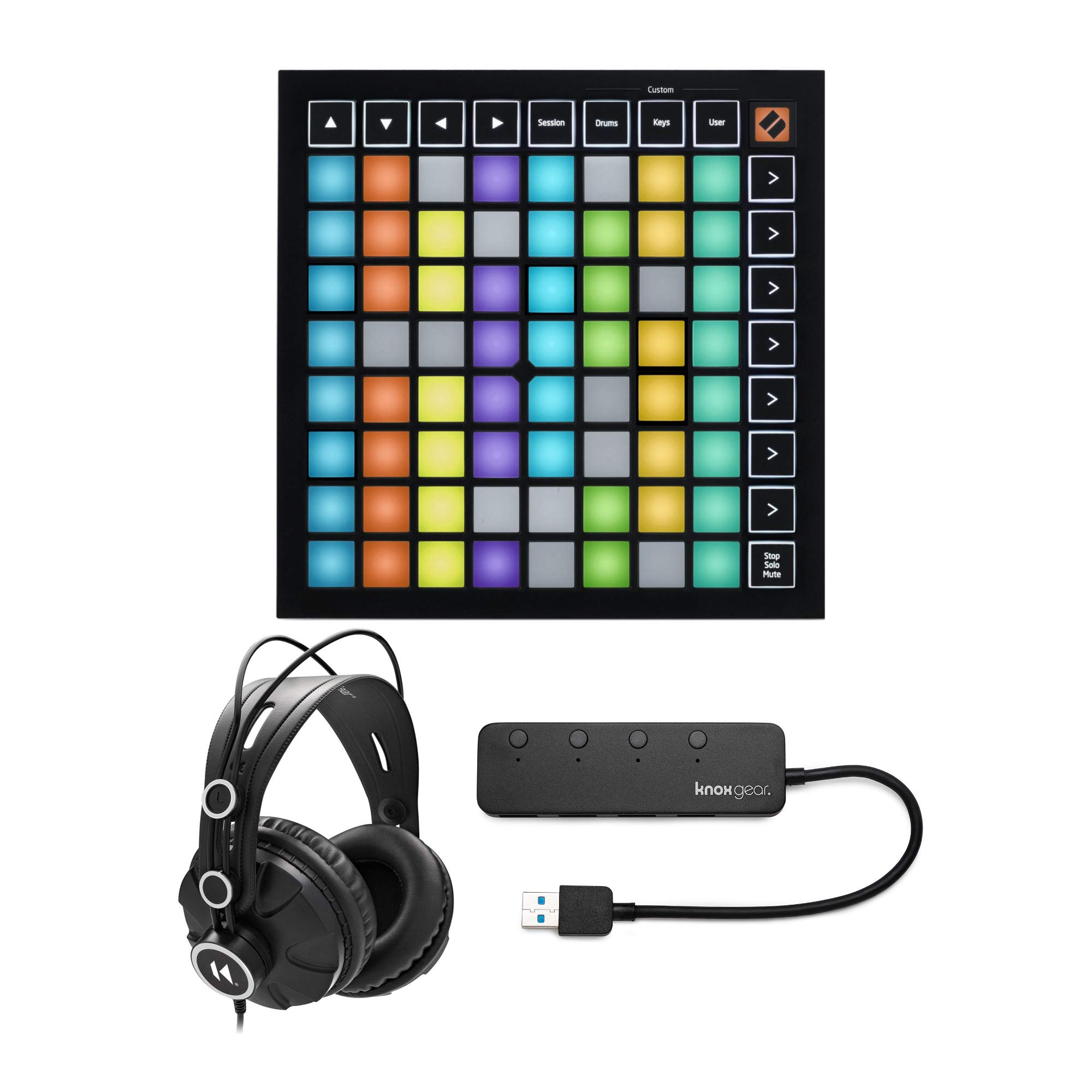 Novation Launchpad Mini MK3 Grid Controller for Ableton Live Bundle with Headphones and 4 Port 3.0 USB Hub (3 Items)