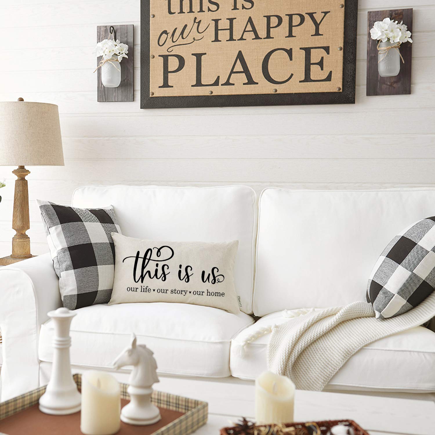 Meekio Farmhouse Pillow Covers with This is Us Quote 12" x 20" Farmhouse Rustic Décor Lumbar Pillow Covers with Saying Housewarming Gifts Family Room Décor