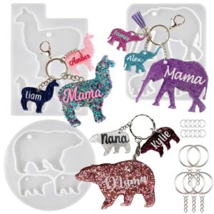 mama and baby keychain resin silicone molds set with key chain rings alpaca bear elephant for epoxy jewelry casting kit 18-count