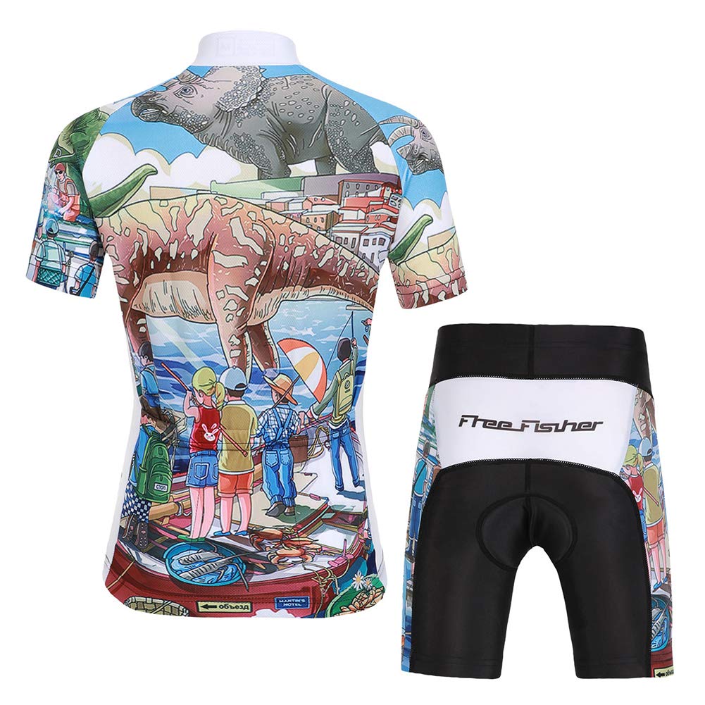 FREE FISHER Cycling Jersey Kids,Short Sleeve Cartoon Road Mountain Bike Jersey Set/Top/Short for Girls Boys Breathable