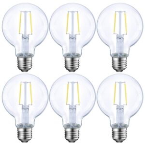 dimmable led edison light bulb, g25 (g80) globe shape, clear glass, 40 watt equivalent, 2700k soft white, christmas light, e26 standard base, ul listed, 6-pack