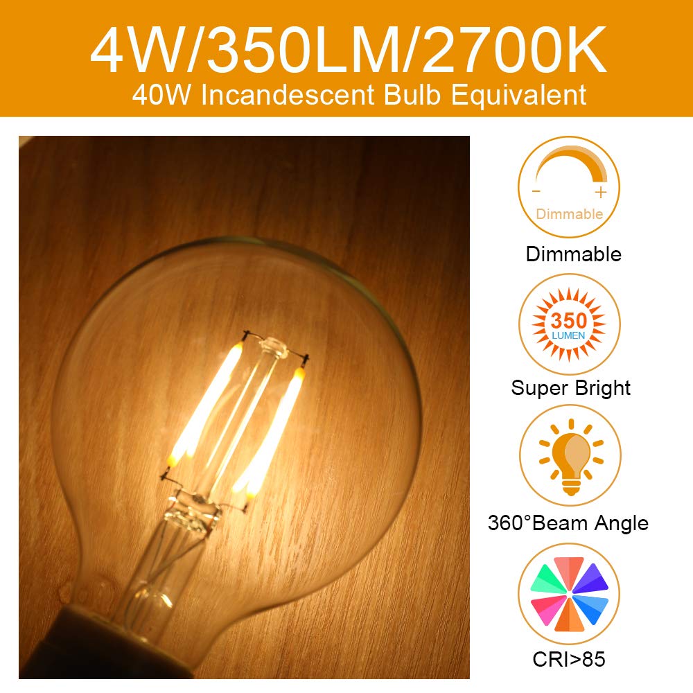 Dimmable LED Edison Light Bulb, G25 (G80) Globe Shape, Clear Glass, 40 Watt Equivalent, 2700K Soft White, Christmas Light, E26 Standard Base, UL Listed, 6-Pack