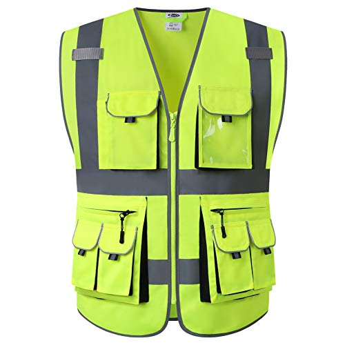 JKSafety 10 Pockets Class 2 High Visibility Zipper Front Safety Vest Yellow with High Reflective Strips Meets ANSI/ISEA Standards (88-Yellow, Medium)