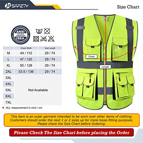 JKSafety 10 Pockets Class 2 High Visibility Zipper Front Safety Vest Yellow with High Reflective Strips Meets ANSI/ISEA Standards (88-Yellow, Medium)