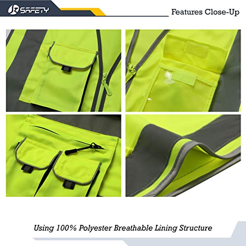 JKSafety 10 Pockets Class 2 High Visibility Zipper Front Safety Vest Yellow with High Reflective Strips Meets ANSI/ISEA Standards (88-Yellow, Medium)