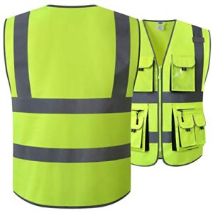 JKSafety 10 Pockets Class 2 High Visibility Zipper Front Safety Vest Yellow with High Reflective Strips Meets ANSI/ISEA Standards (88-Yellow, Medium)