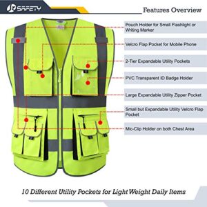 JKSafety 10 Pockets Class 2 High Visibility Zipper Front Safety Vest Yellow with High Reflective Strips Meets ANSI/ISEA Standards (88-Yellow, Medium)