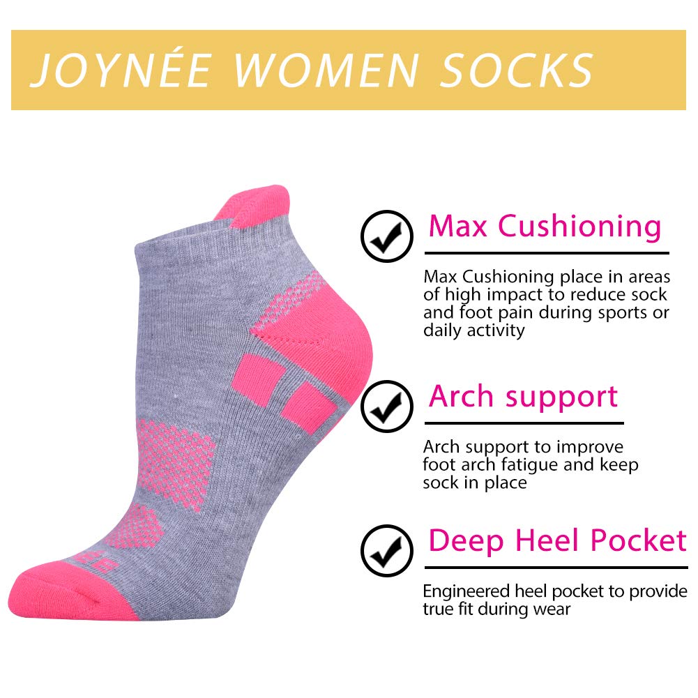 JOYNÉE Women's Ankle Athletic Running Socks Performance Cushioned Low Cut Sports Socks with Heel Tab 6 Pairs,Sock Size 9-11,Grey