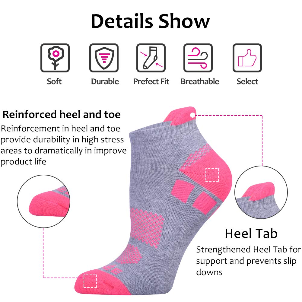 JOYNÉE Women's Ankle Athletic Running Socks Performance Cushioned Low Cut Sports Socks with Heel Tab 6 Pairs,Sock Size 9-11,Grey