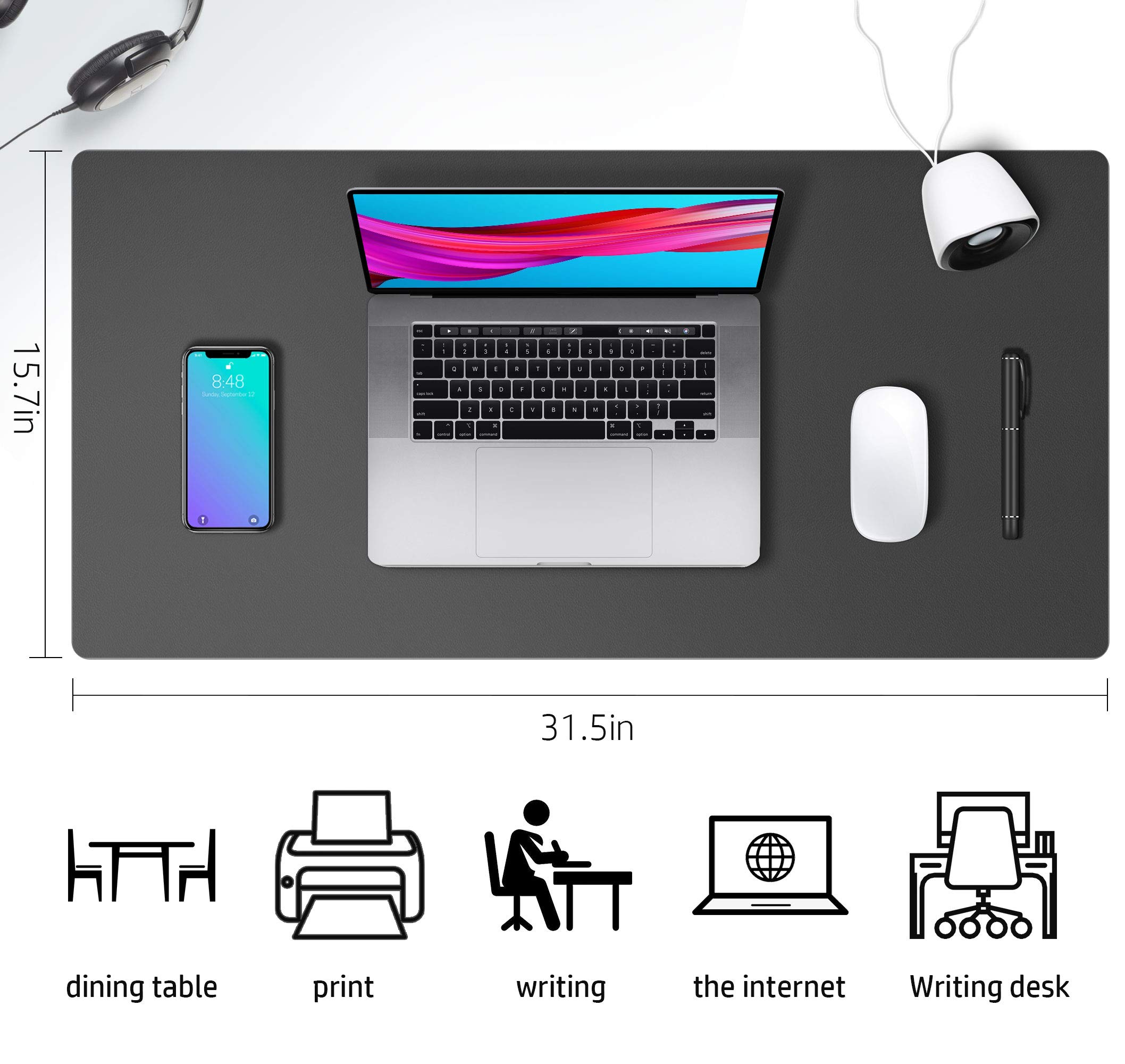 Leather Desk Pad Protector,Mouse Pad,Office Desk Mat, Non-Slip PU Leather Desk Blotter,Laptop Desk Pad,Waterproof Desk Writing Pad for Office and Home (Gray,31.5" x 15.7")