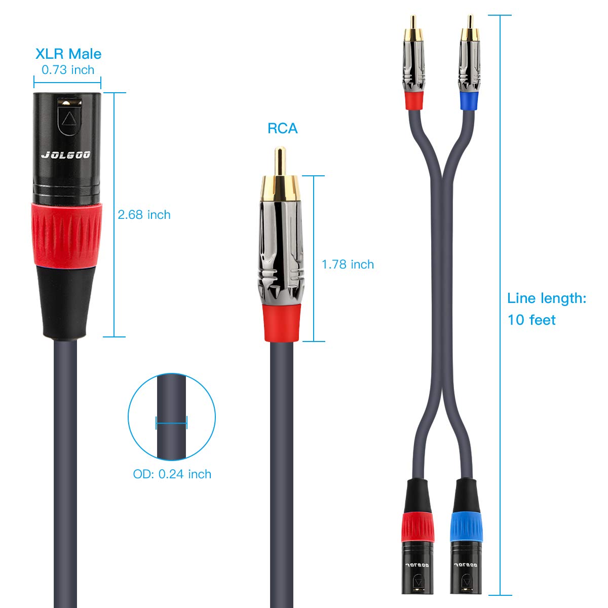 JOLGOO RCA to XLR Cable, Dual RCA Male to Dual XLR Male Cable, 2 RCA Male to 2 XLR Male HiFi Audio Cable, 4N OFC Wire, for Amplifier Mixer Microphone, 10 Feet