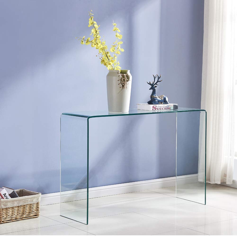 Glass Sofa & Console Tables Transparent Glass Table, Clear Bent Modern Home Office Furniture, Tempered Glass Sofa Table for Entryway,Console Table Desks (Clear 43.3" x 13.8" x 29.5")