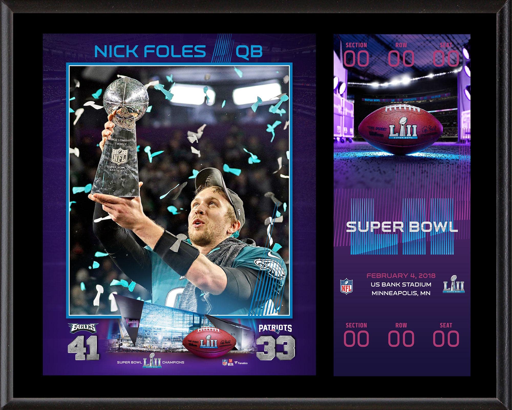 Sports Memorabilia Nick Foles Philadelphia Eagles 12'' x 15'' Super Bowl LII Champions Sublimated Plaque with Replica Ticket - NFL Player Plaques and Collages