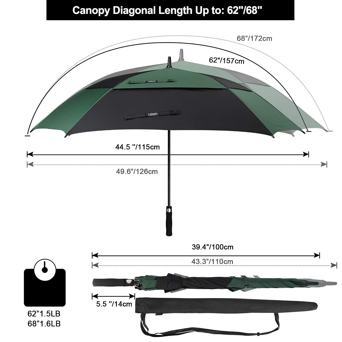 G4Free Extra Large Golf Umbrella 62/68 inch Vented Square Umbrella Windproof Auto Open Double Canopy Oversized Stick Umbrella