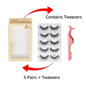 Leipple False Eyelashes 5 Pairs - Professional Reusable 3D Mink Lashes - Handmade Natural Thick Fluffy Fake Eyelashes with Stainless Steel Eyelash Tweezers (Bomb)