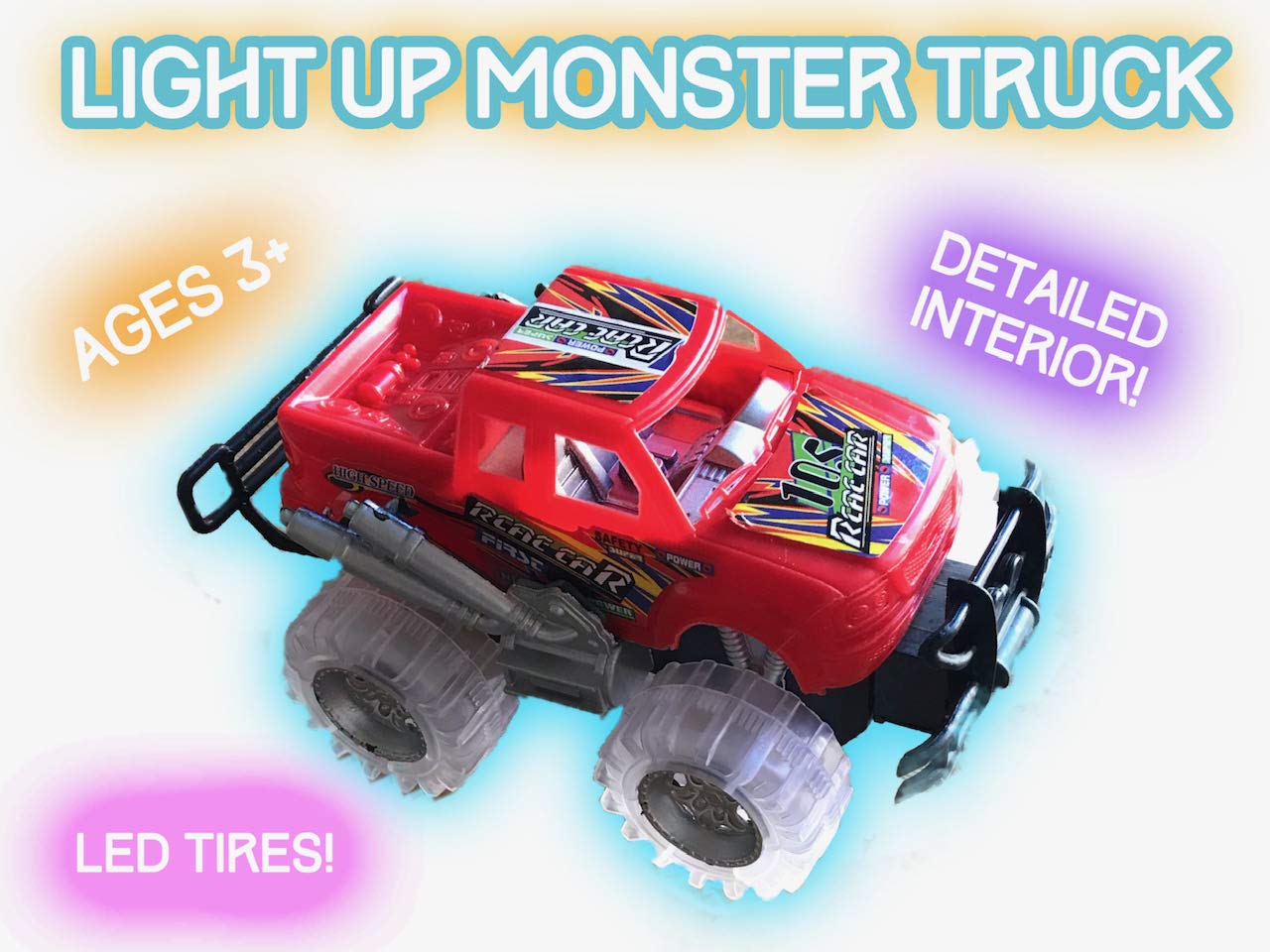 HOWBOUTDIS (1) Light Up Monster Truck with Flashing LED Tires & Push N Go Friction for Easy Motion - Great Birthday Gift for Boys or Girls Ages 3+ - Ideal Party Favor or Carnival Prize