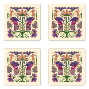 lunarable pheasant coaster set of 4, ukrainian folkloric art with birds and flowers cultural ornamental composition, square hardboard gloss coasters, standard size, multicolor